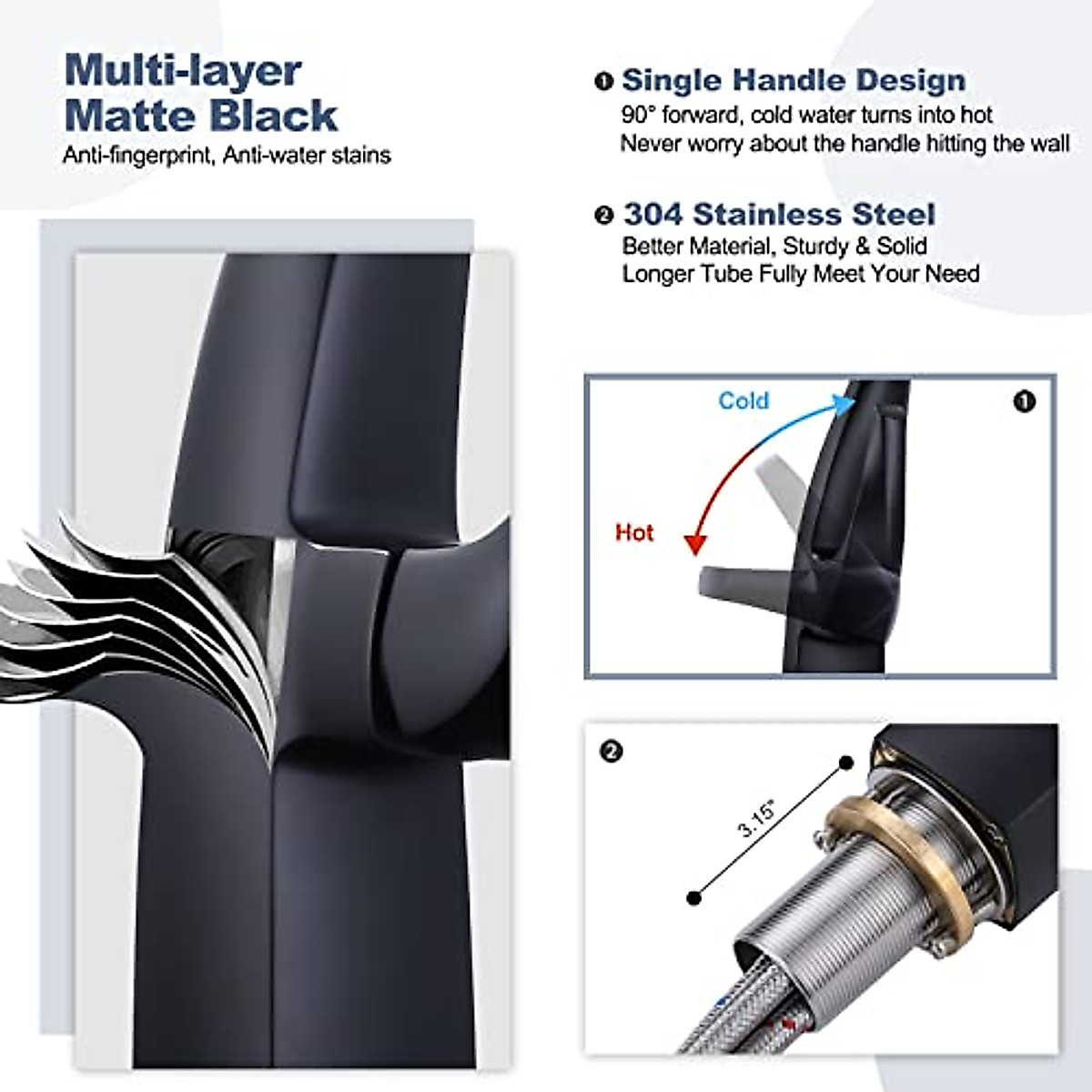 WOWOW Black Kitchen Faucet, Pull Down Kitchen Faucet Stainless Steel Gooseneck Kitchen Sink Faucet Single Handle Water Faucet, Utility Sink Faucet for Laundry RV (Patent Product)