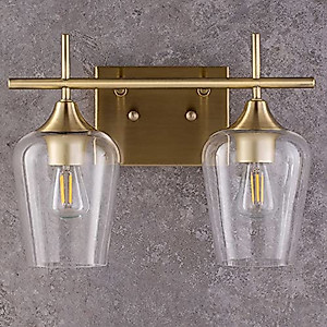 VONLUCE 2-Light Gold Vanity Light Fixtures Over Mirror, Wall Mount Modern Brass Bathroom Sconce with Clear Glass, Midcentury Gold Vanity Lighting for Bathroom, Makeup Dressing Table, Bedroom