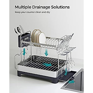 SONGMICS Dish Drying Rack - 2 Tier Dish Rack for Kitchen Counter with Rotatable and Extendable Drain Spout, Dish Drainer with Utensil, Cup, Glass, Cutting Board Holders, Gray UKCS032E01