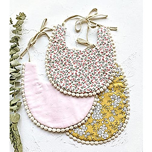 Cherssy Baby Girl Reversible Bibs with Crochet Lace, Floral Cotton Bibs, Handmade Drooling Bibs for Newborn Infant Toddler, 3 Pack