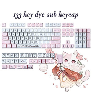 Wunzkii PBT Keycaps 133 Keys Pink Cat Keycaps Dye-Sublimation XDA Profile Custom Keycaps Cute Keycaps for Cherry Gateron MX Switches Mechanical Keyboards