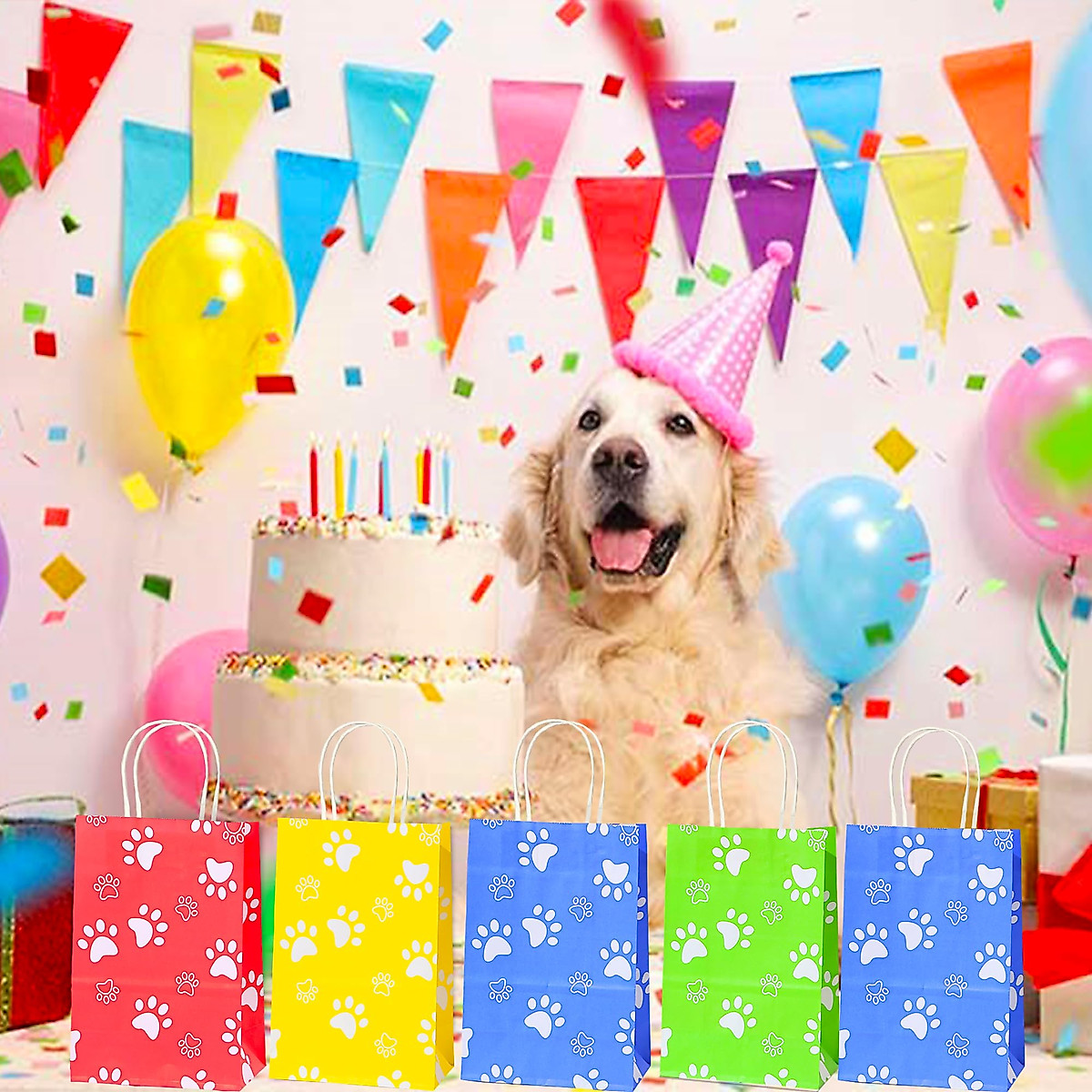 Puppy Dog Paw Print Party Favor Bags 24 Pcs Paw Print Theme Candy Treat Bags Thank You Paper Gift Bags with Handles for Baby Shower Birthday Wedding Party Favor Puppy Dog Paw Print Party Supplies
