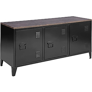 FurnitureR Office File Storage Console Cupboard Metal Cabinet 3 Door Cupboard Locker Organizer with Walnut MDF Top Black Metal Frame
