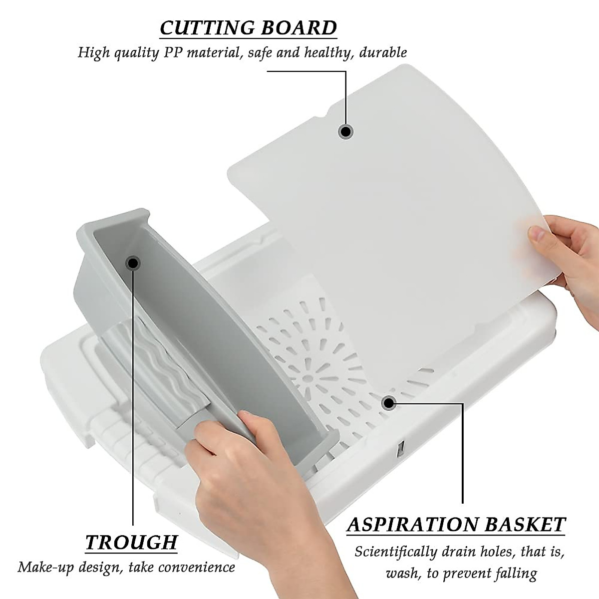 FOCCTS Multi-function Kitchen Cutting Board, Over the Sink Cutting Board with Strainer/ Colander, 3 in 1 Plastic Cutting Chopping Board with Drain Basket for Easier to Cut,Rinse,Hold and Drain Food