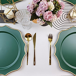 Omuriko Green Chargers for Dinner Plates, 13 Inch Scalloped Plastic Decorative Table Charger Service Plates Set of 6 for Wedding, Holiday, Thanksgivng, Christmas