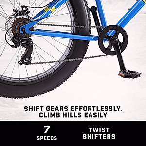 Mongoose Dolomite Fat Tire Mountain Bike, for Men and Women, 26 Inch Wheels, 4 Inch Wide Knobby Tires, 7-Speed, Adult Steel Frame, Front and Rear Brakes, Light Blue