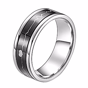ALEXTINA 7MM Smooth Stainless Steel Spinner Rings for Women Men Heartbeat Couple Rings Black Size 6