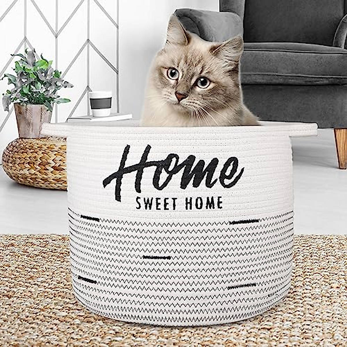 Vnkesno Large Woven Cotton Rope Storage Baby Basket White Laundry Clothes Hamper, Toy Storage Basket for Dog, Cat, Decorative Basket Blankets Organizing for Living Room, Laundry, Nursery-14.7" ×11.8"