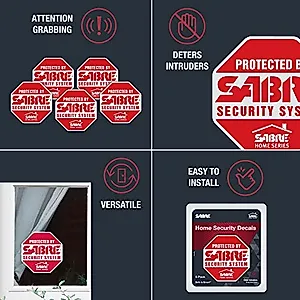 SABRE Home Security Decals, Warns Intruders That The Property Is Secured With An Alarm, Bold Red Color For Visibility, Easily Sticks To Windows, 5-Pack