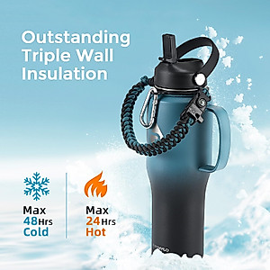 RAYMYLO 32oz Stainless Steel Water Bottle (Cold for 48 Hrs, Hot for 24 Hrs), Triple Wall Vacuum Insulated Water Bottle with Straw Lid, Spout Lid and Paracord Handle, Leakproof, Fit in Any Car Cup