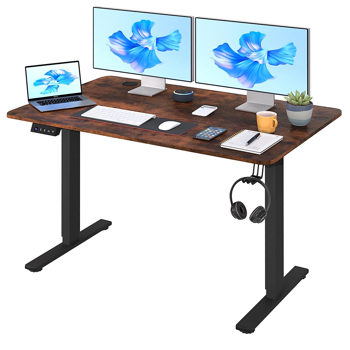 PayLessHere 48 Adjustable Height Standing Desk Computer Desk with Large Space and Headphone Holder Office Desk with Electric Lifting and 2 Memory Function for Office Meeting Room,Brown