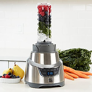 Kenmore Elite 1.3 HP 64 oz Blender With 20 oz Single-Serve Blending Cup, Powerful Ice-Crushing Motor, 8-Cup (1.9L) Tritan Pitcher, 20 oz (600 mL) Travel Cup with To-Go Lid, Grey and Stainless Steel