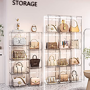 Clear Handbag Storage Organizer for Closet, 3 Packs Acrylic Display Case for Purse/Handbag, Plastic Storage Containers with Magnetic Door, Acrylic Box Organizers for Collectibles, Toys, Figures