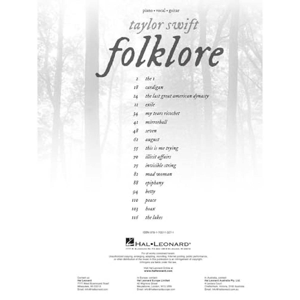 Taylor Swift - Folklore: Piano/Vocal/Guitar Songbook