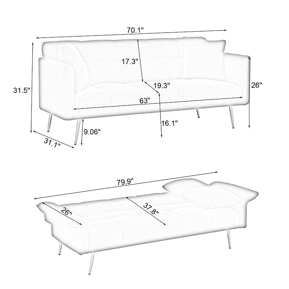 AZSJML Futon Sofa Bed, Teddy Sleeper Sofa Couch, 70" W Modern Tufted Sofa Couch with Adjustable Arms and Backrests for Living Room,Small Spaces,Bedroom,Pink