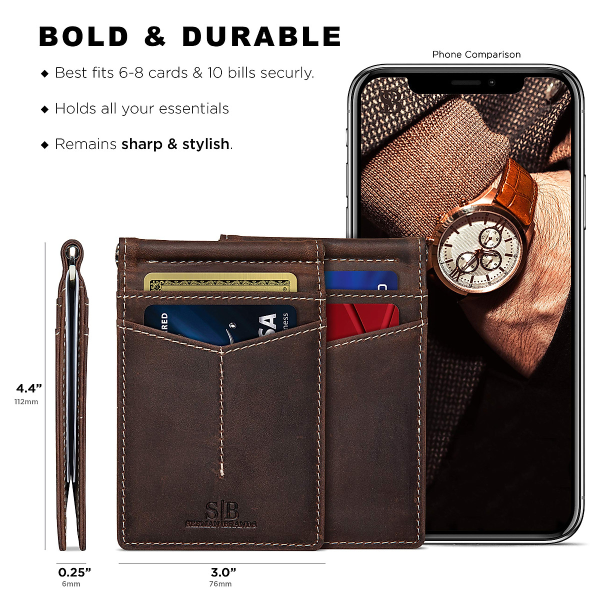 SERMAN BRANDS RFID Blocking Wallet Slim Bifold - Genuine Leather Minimalist Front Pocket Wallets for Men with Money Clip Gift (Texas Brown Rogue)