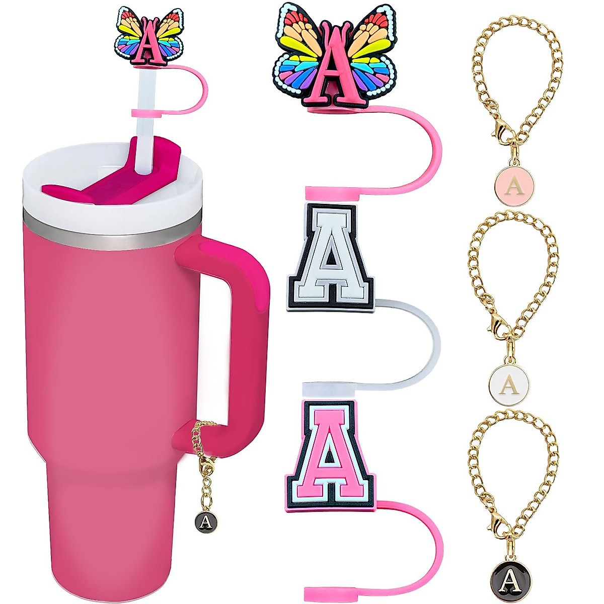 (3+3) 3PCS Straw Cover Cap for Stanley Cup 30&40 Oz Tumbler, Stanley Straw Topper Letter Straw Cover with 3PCS Letter Charm Chains Stanley Cup Accessories (Letter A)