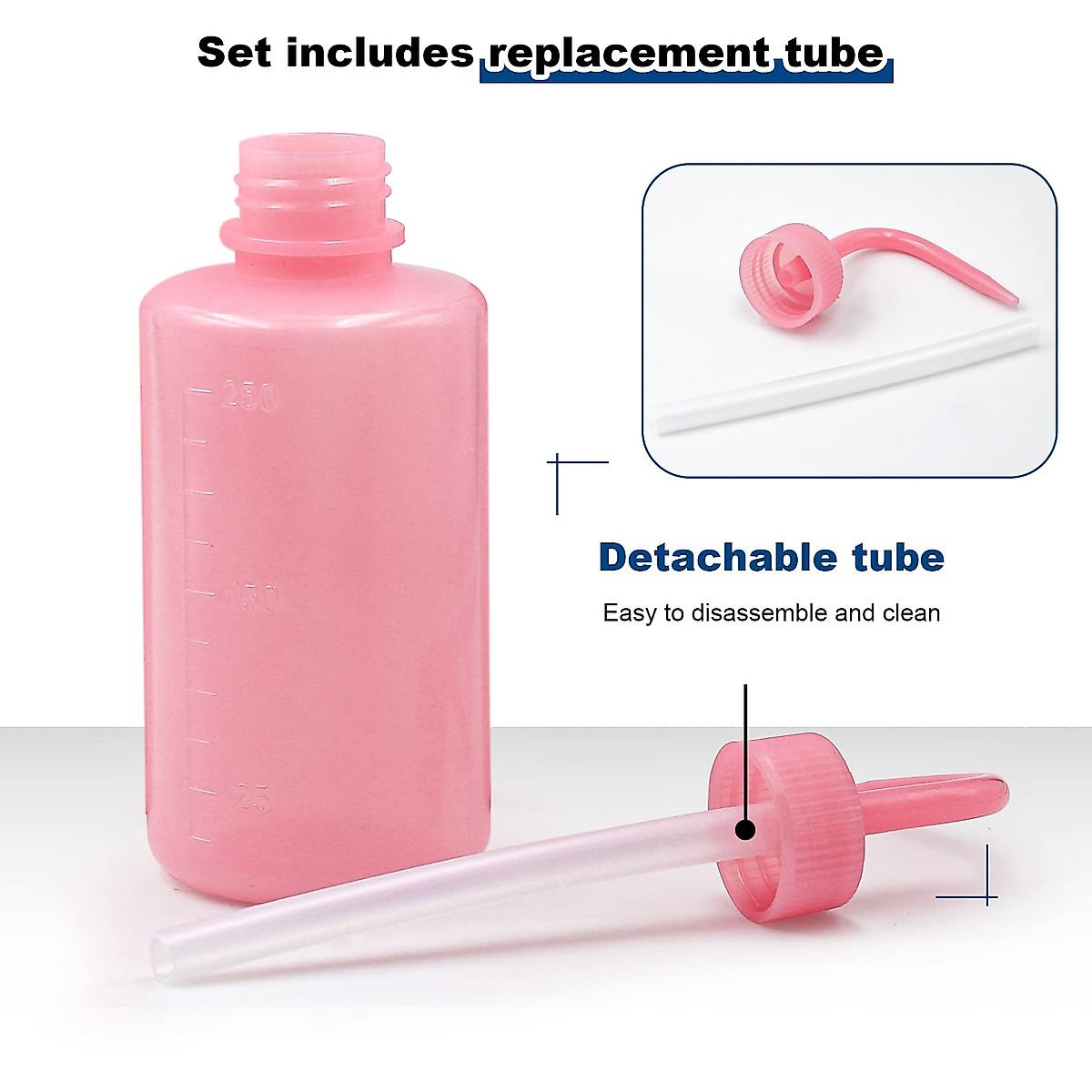 Heylcm 2Pcs 250ml Plastic Wash Bottle with Cap, 8.5oz Pink Narrow Mouth Tattoo Wash Bottle No Spill Safety Squeeze Squirt Bottle with Straw Funnel for Lab Gardening Tattoo Supplies(250ml, Pink)