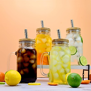 H&T Designs 4 Pack Mason Jar Cup/Mug with Handle and Bamboo Lid Stainless Steel Straw - 24 OZ Mason Jar Regular Mouth - Coffee/Smoothie/Drinking Glass