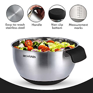 Belwares Mixing Bowls with Lids Set - Nesting Bowls with Graters, Handle, Pour Spout, Airtight Lids - Stainless Steel Non-Slip Mixing Bowl for Cooking, Baking, Prepping, Food Storage (Set of 3)