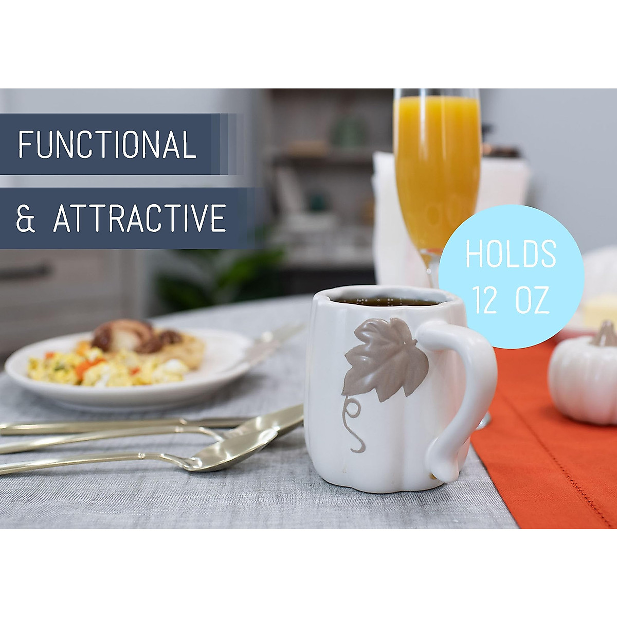 Nat & Jules Pumpkin Shaped 12 ounce Ceramic Coffee Mugs: Perfect for Halloween, Thanksgiving and Fall Kitchen & Home Collections - Set of 2, White