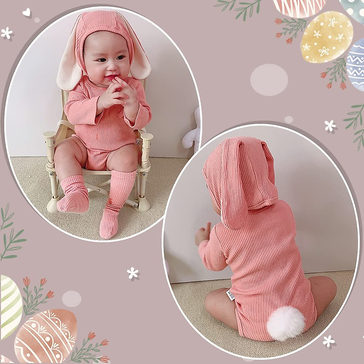 XIFAMNIY Baby Easter Bunny Outfit Romper Bodysuit with 3D Rabbit Ear Hat for Baby Newborn Infant