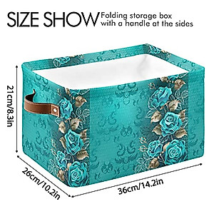 ALAZA Turquoise Rose Floral Foldable Storage Box Storage Basket Organizer Bins with Handles for Shelf Closet Living Room Bedroom Home Office 2 Pack
