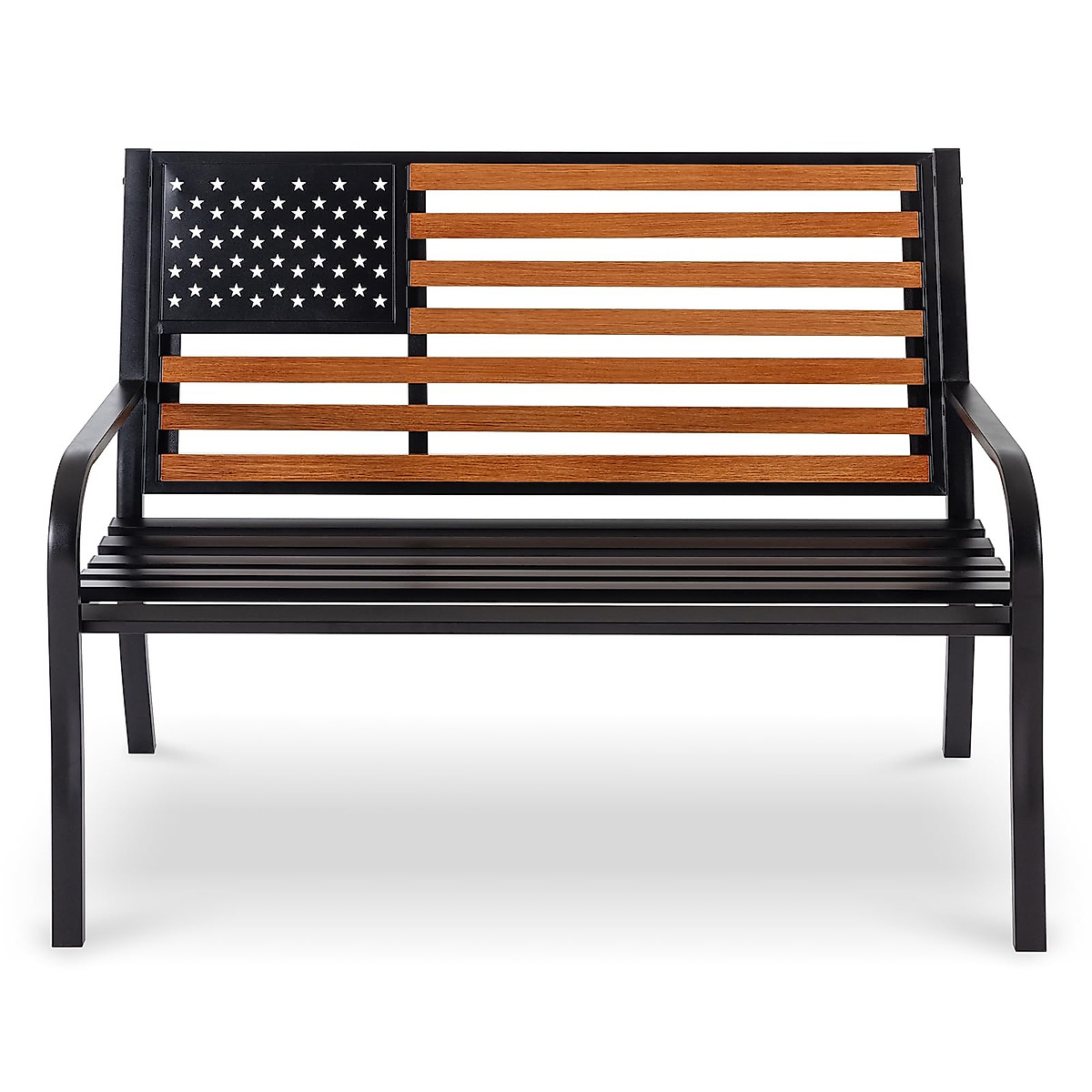 Attliahome 50" Outdoor Garden Bench, Cast Iron Metal Frame Patio and Porch Welcome Benches with American Flag Backrest and Weatherproof Seat, Park Decorative Memorial Bench (Black & Woodgrain Colors)