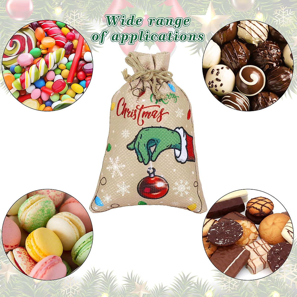 AnyDesign Christmas Burlap Gift Drawstring Bags Funny Cartoon Character Candy Bags 4 x 6 Inch Small Linen Goody Bags Xmas Party Favors Supplies, 18Pcs