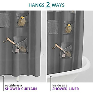 MAYTEX Mesh Pockets PEVA Shower Curtain and Bath Organizer with 9 Storage Pockets, Grey, 70 x 72 Inches