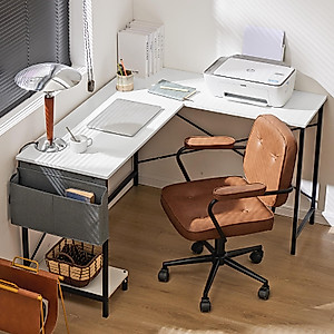 DUMOS L Shaped Computer Desk Wood Corner PC Gaming Table with Side Storage Bag for Home Office Small Spaces