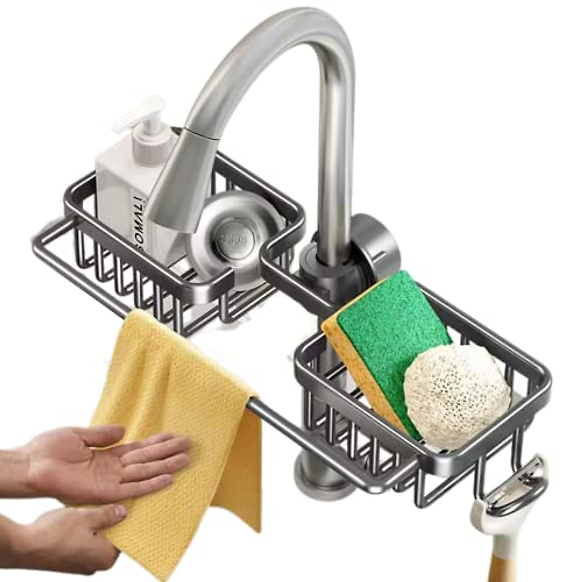 LuLusmoda Kitchen Sink Rack Faucet Sponge Holder Over The Sink Organizer Faucet Rack with Hook，A Free Dish Cloth Note：Round Pipe with Diameter 0.7-1.1 Inchs Can Be Used(Aluminum，Double,Elegant Gray