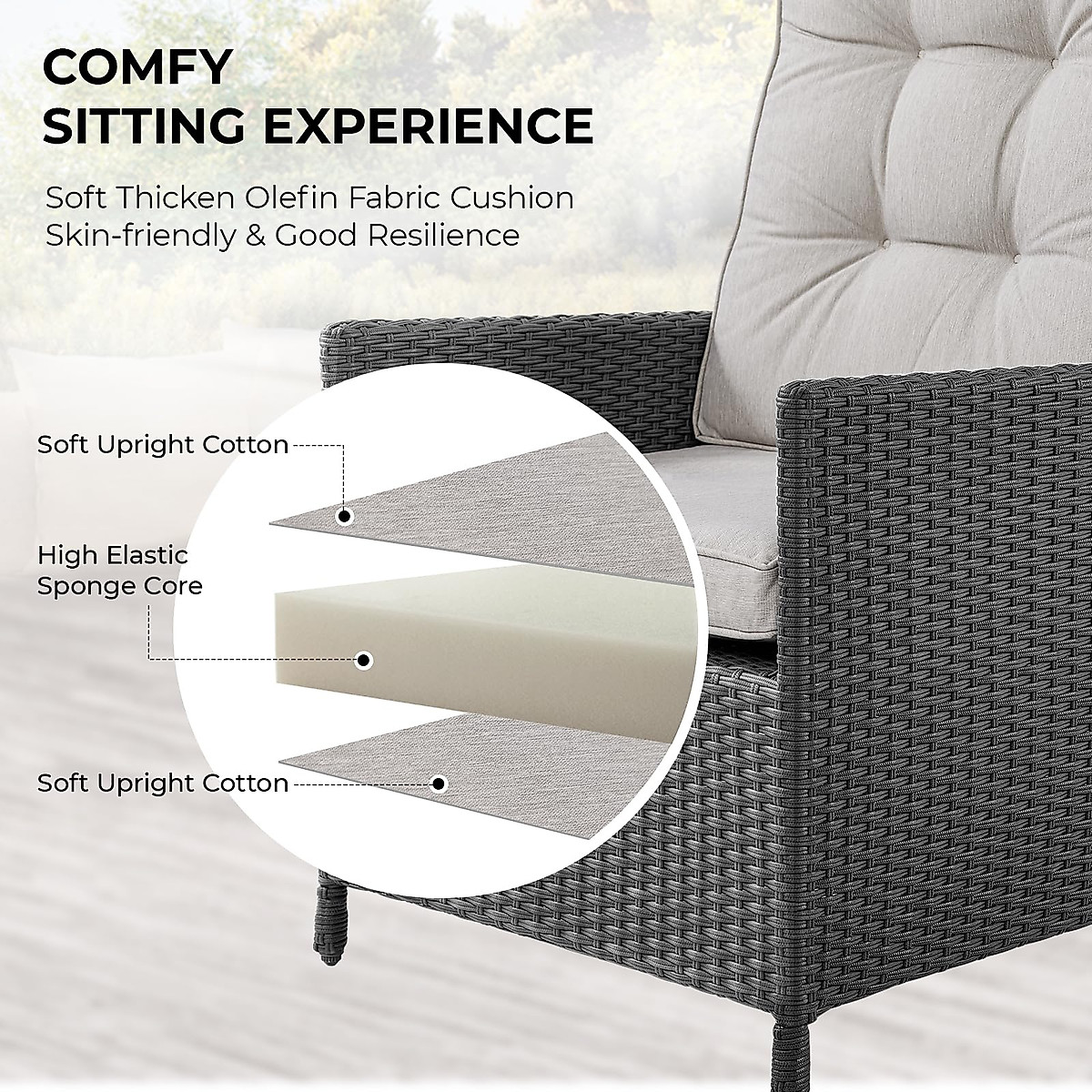 Outdoor Recliner Chair, All-Weather PE Wicker Adjustable Reclining Lounge Chair Rattan Reclining Chair with Adjustable Back and Removable Olefin Cushion for Relaxing Reading Sunbathing Napping