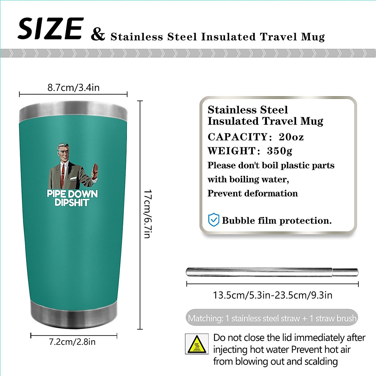 liabiliies Travel Coffee Tumbler 20 oz Pipe Down Dipshit Tumbler with Lid and Straw Insulated Tumblers Stainless Steel Tumbler Funny Gifts for Men