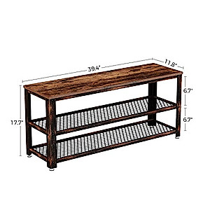 Rolanstar Shoe Bench, 3-Tier Shoe Rack, 39.4” Storage Entry Bench with Mesh Shelves Wood Seat, Rustic Foyer Bench for Hallway Front Door, Doorway, Living Room, Mudroom, Steel Frame, Rustic Brown
