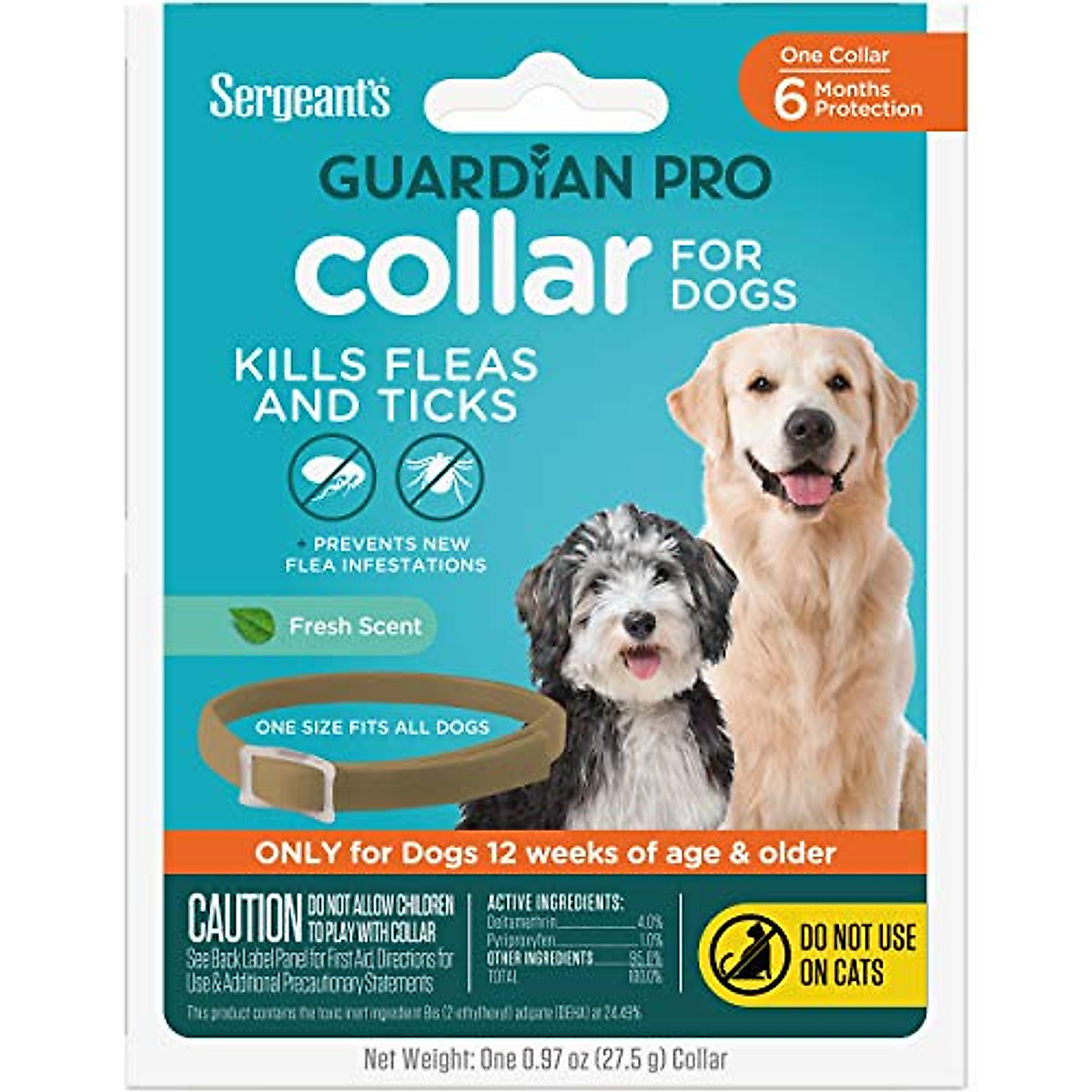 Sergeant's Guardian Pro Flea & Tick Collar for Dogs, Kills Fleas & Ticks, Long Lasting Protection for 6 Months, Fresh Scent, One Size Fits All, 1 Collar
