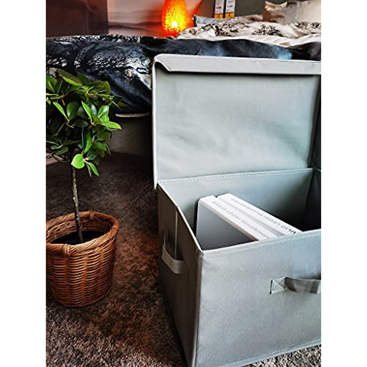 Sebadaci Storage Bins Cubes Baskets with Lids Handles Stackable Collapsible Storage Bins Baskets for Shelves, Organizing, Office Organizer, 3-pack Fabric Storage Cubes Living Room Closet, Gray, Large