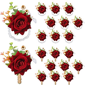 Sherr 20 Pcs Rose Wrist Corsage and Boutonnier Set Flower Wrist Corsage Wristlet Band Bracelet Wedding Bridegroom Men's Boutonniere Wristlet Hand Flower for Wedding Bouquets Supplies (Red)