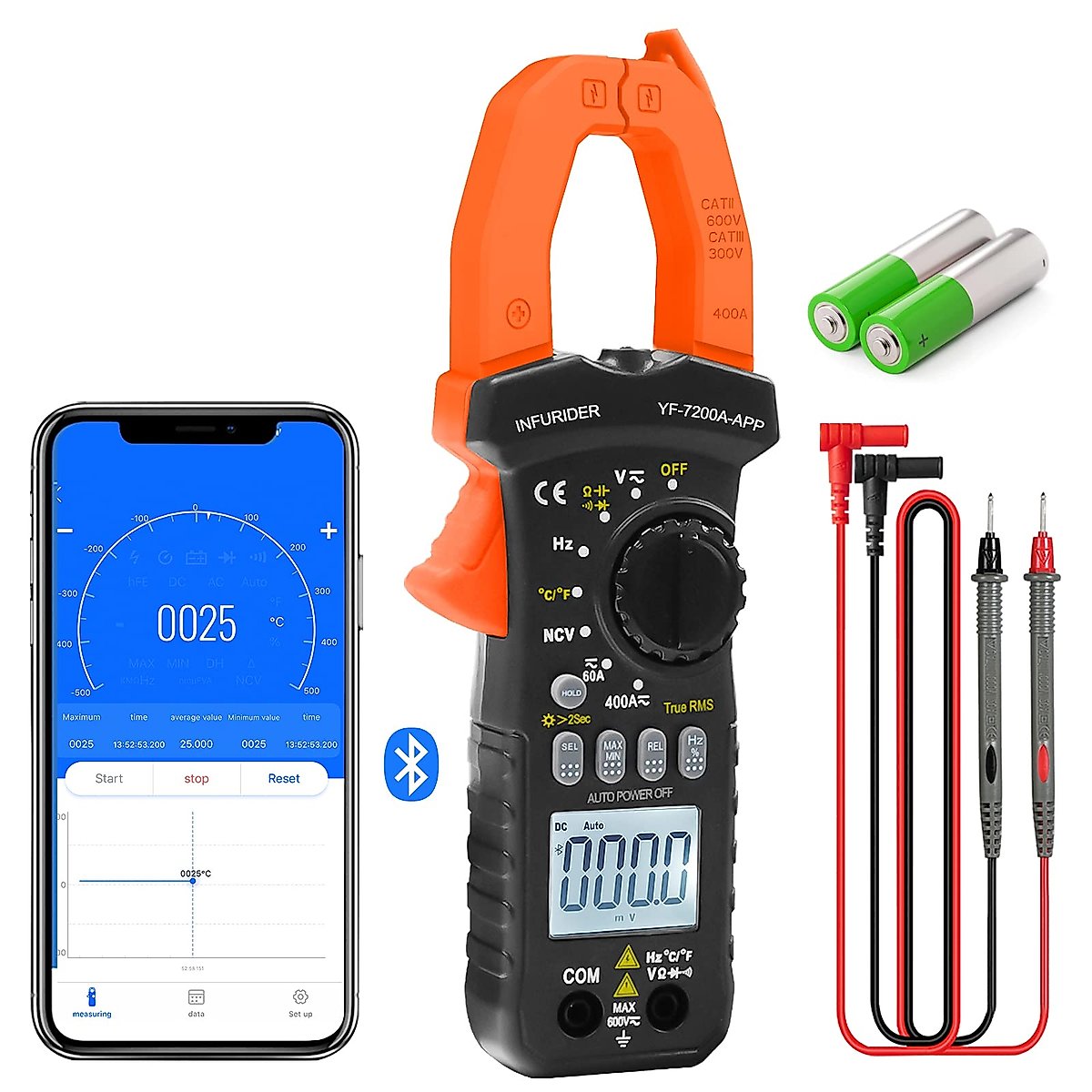 Wireless Bluetooth Clamp Meter, INFURIDER YF-7200APP 6000 Counts Auto-Ranging Digital Voltmeter Ammeter Measures DC AC Volt Amp Ohm Clamp on Multimeter with Capacitance,Temp,Diode Tester
