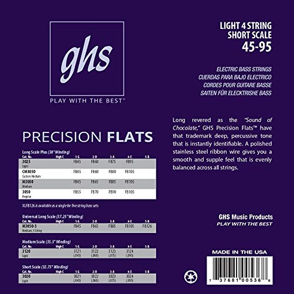 GHS Strings 3020 Short Scale 4-String Bass Precision Flats, Stainless Steel Flatwound, 32.75" Winding, Light (.045-.095)