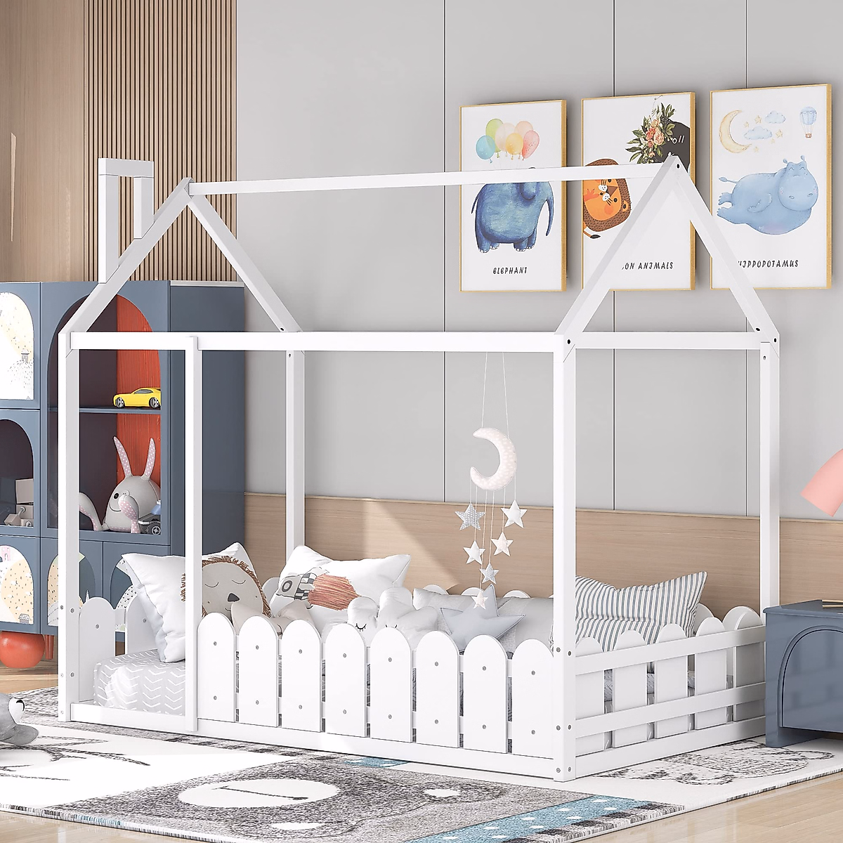 AOCOROE Twin Size House Bed for Boys and Girl Wood Twin Platform Bed Frame Playhouse Design Canopy Bed Tent Bed with Roof and Fence, Floor Height,White