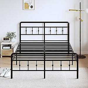 DiaOutro Classic Metal Platform Queen Bed Frame with Headboard and Footboard, 16 Inch No Box Spring Needed Heavy Duty Victorian Style Iron-Art Mattress Foundation/Under Bed Storage