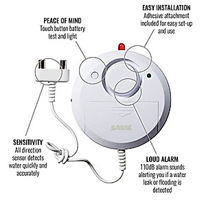 SABRE Water Leakage Alarm, 110 dB Alarm, Audible Up To 1,500-Feet (457-Meters), All Direction Water Sensor, High and Low Volume Settings, Battery Test Button