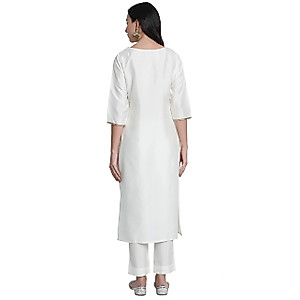 Janasya Indian Women's Off-White Poly Silk Kurta With Pant And Dupatta(SET268-KR-NP-XL)