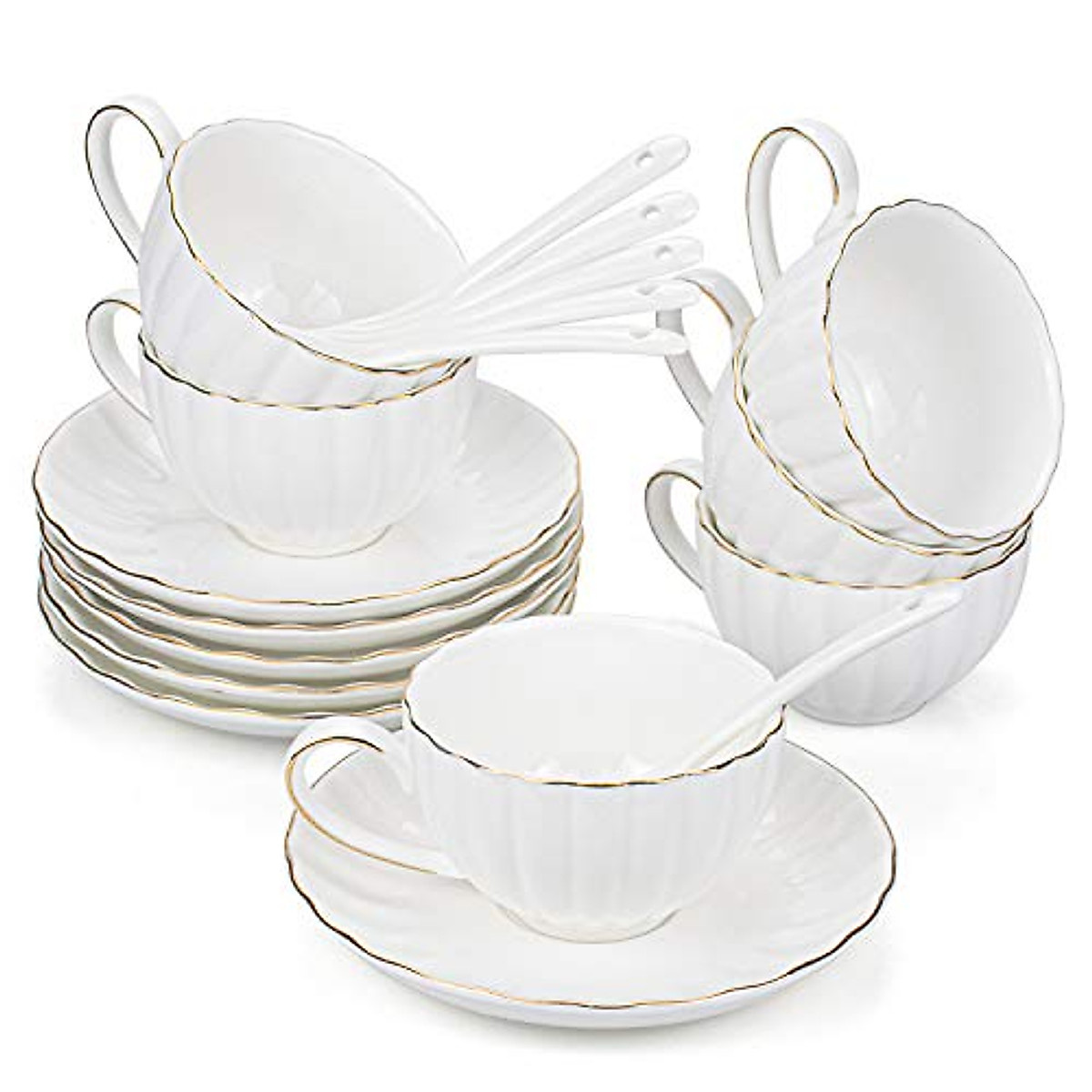 Hedume 18 PCS Tea Cup Set, 5oz Espresso Cups with Saucers and Spoons, Cappuccino Cups with Gold Trim British Coffee Cups for Specialty Coffee Drinks, Latte, Cafe Mocha and Tea