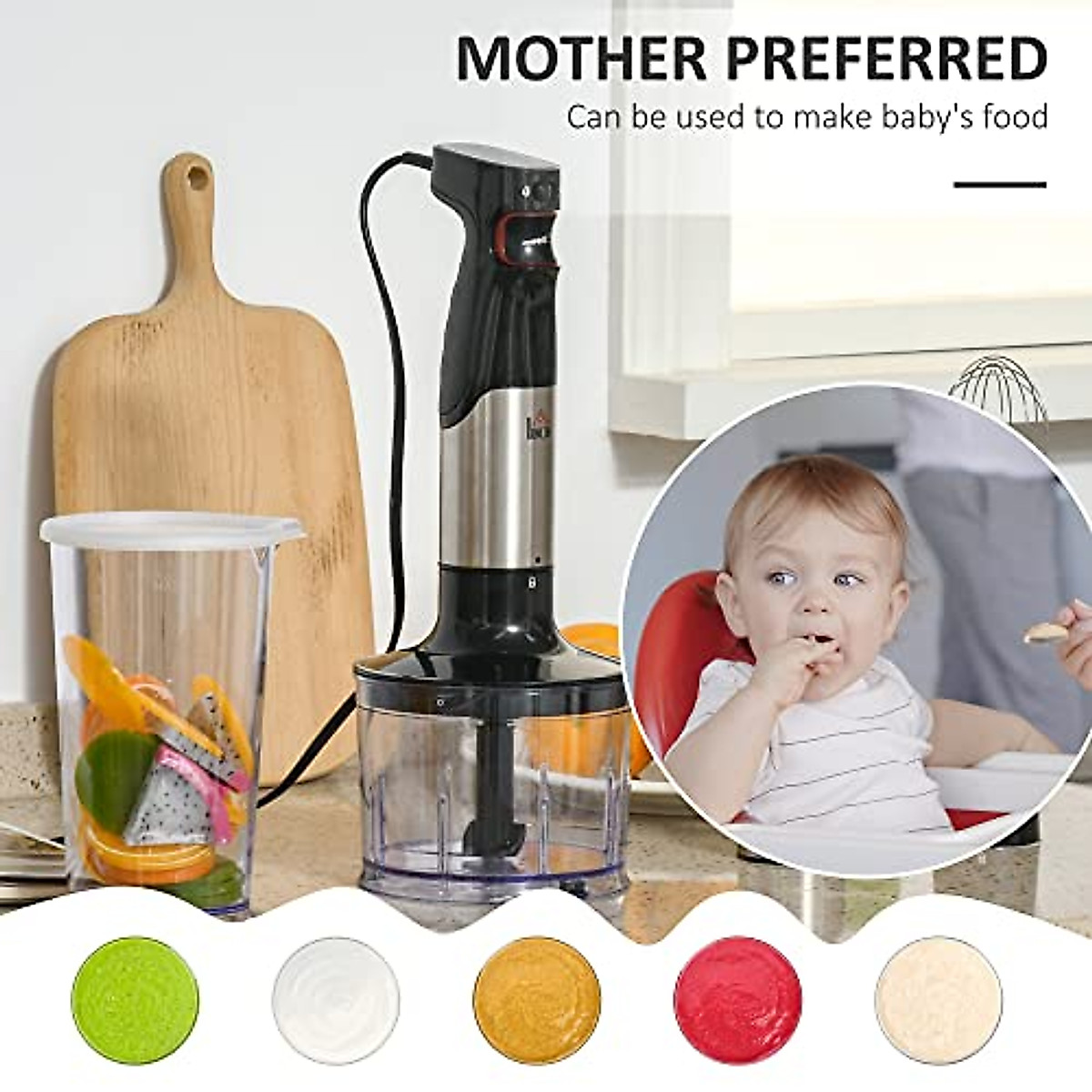 HOMCOM Immersion Hand Blender, 400W 4-in-1 Handheld Stick Blender with Adjustable Speed, 500ml Chopper, Egg Whisk, 800ml Measuring Cup, and Stainless Steel Blades, Silver/Black