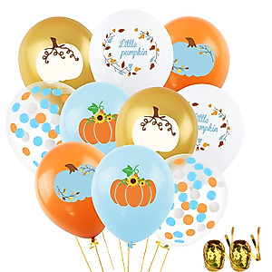 Blue Little Pumpkin Balloons, Fall Balloons Maple Leaf Pumpkin Balloons Garland with Blue Silver Orange Confetti Balloons for Boy Little Pumpkin Baby Shower Birthday Thanksgiving Party Decorations