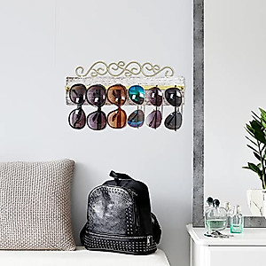 MyGift Vintage Whitewashed Wood Wall Mounted Sunglasses Rack, Entryway Glasses Holder Eyewear Display with Rail Hanger and Scrollwork Brass Tone Metal Design