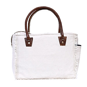 CLA Bags Sel De Mer Upcycled Canvas & Cowhide Hand/Tote Bag Radiant Leather Crossbody, Off-White, 13 Inch