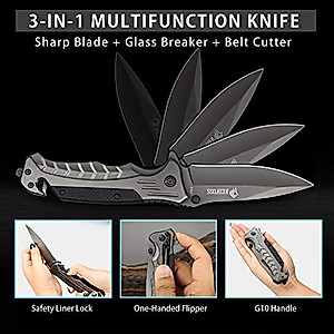 NedFoss Knifes Pocket Knives for Men, Folding Pocket Knife with Glass Breaker, Seatbelt Cutter, G10 Handle, Thumb Stud for Emergency Rescue, Household, Workshop (FA46)